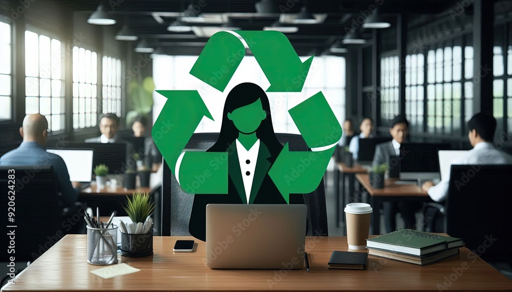 Green recycle symbol icon sign with professional environment background ...
