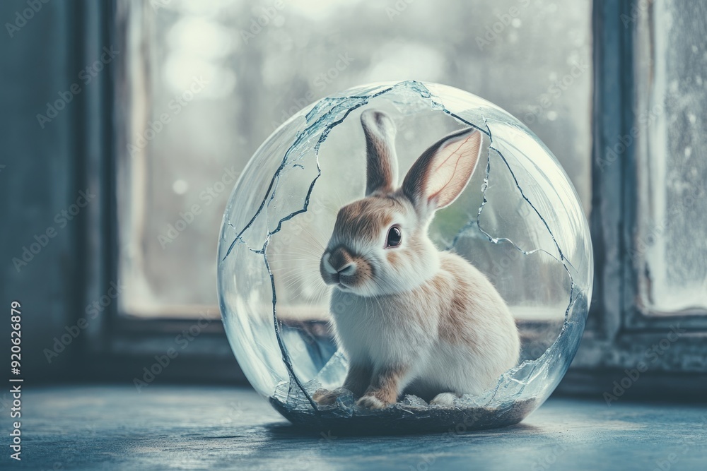 Adorable Rabbit Encased in broken Glass Sphere as symbol of life in ...