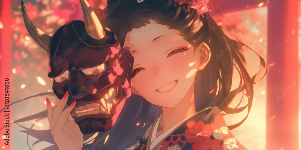 Enigmatic Anime Girl with Smiling Japanese Oni Mask: Ethereal Digital ...