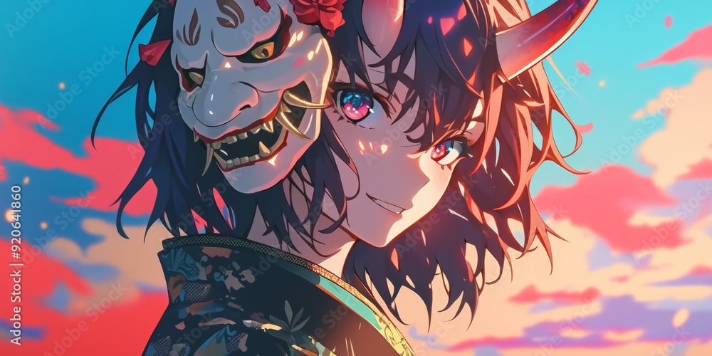 Enigmatic Anime Girl with Smiling Japanese Oni Mask: Ethereal Digital ...