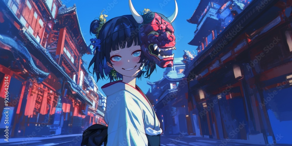 Enigmatic Anime Girl with Smiling Japanese Oni Mask: Ethereal Digital ...