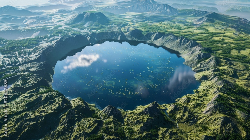 Aerial view of a caldera lake formed in an extinct volcano, showing its ...