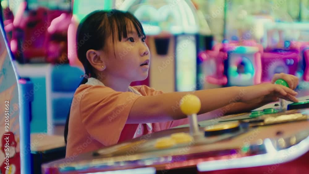 portrait of young little girl kid playing video games in arcade game ...