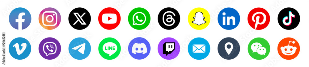 Popular round social media icons collection. Facebook, Instagram, X ...