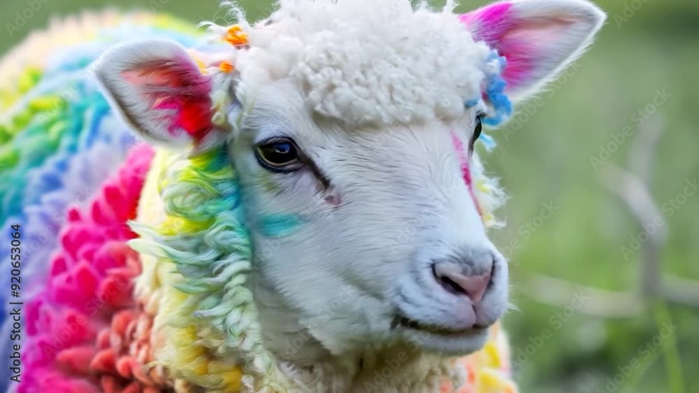 Sheep with rainbow-colored wool stands proudly in a lush green field ...