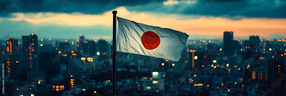 Japanese flag on a flagpole, surrounded by a traditional Japanese city ...