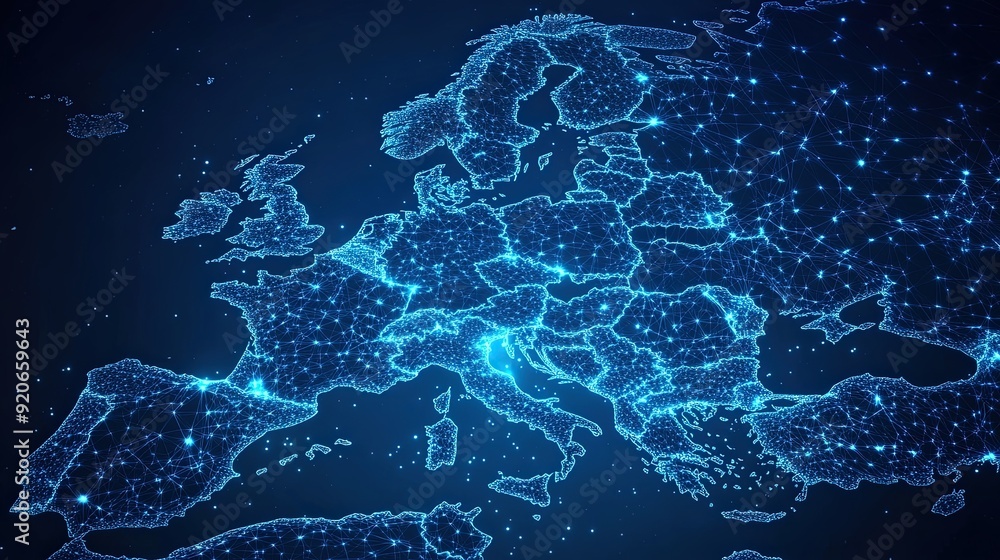 Digital Map of Europe with Illuminated Networks Stock Illustration ...