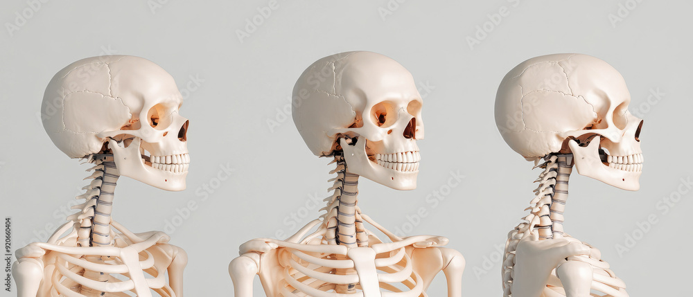 Human skeleton with detailed skull structure, showcasing three lateral ...