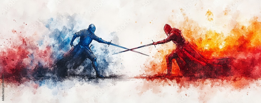 Artistic illustration of two warriors engaged in an epic sword fight ...