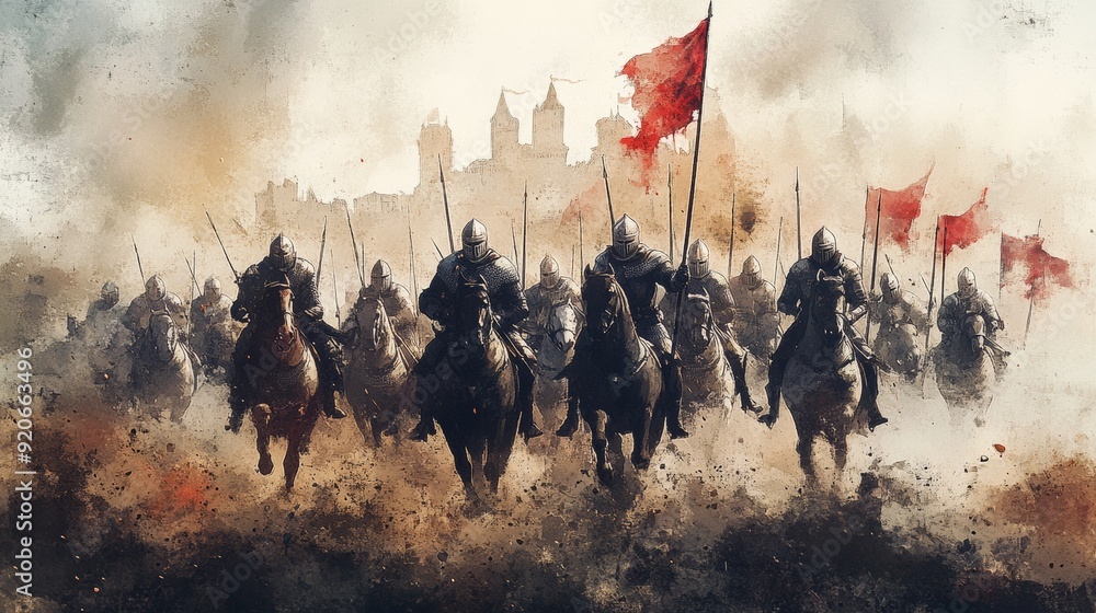 Dramatic depiction of medieval knights on horseback charging into battle with flags held high ...