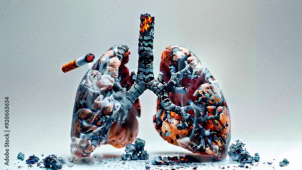 Human lungs damaged by tobacco and cigarette smoking poster. Lungs made ...