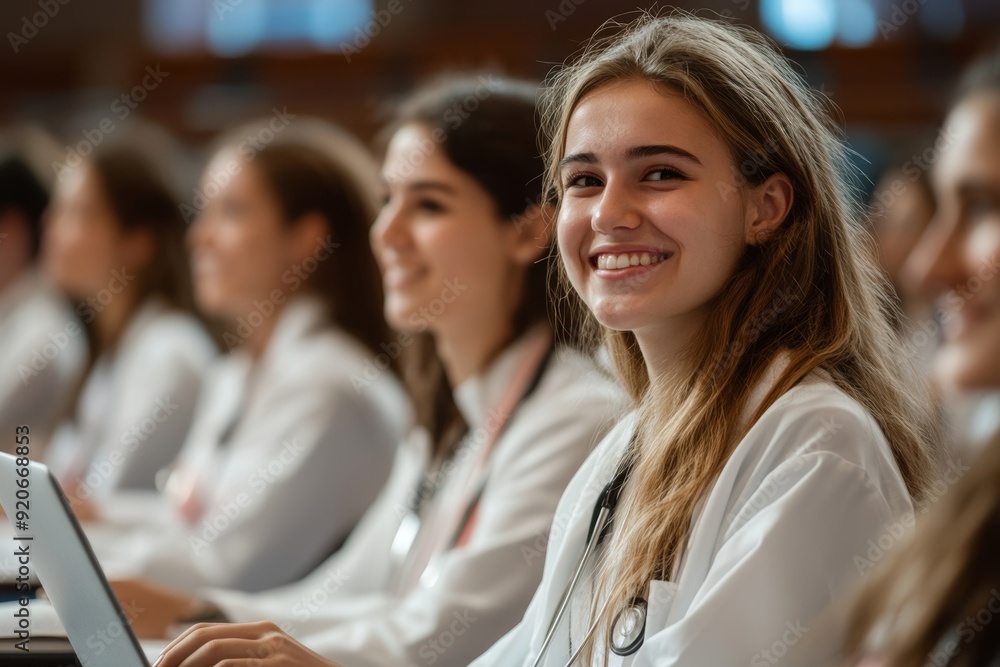 Group of happy medical students using laptop while learning in ...