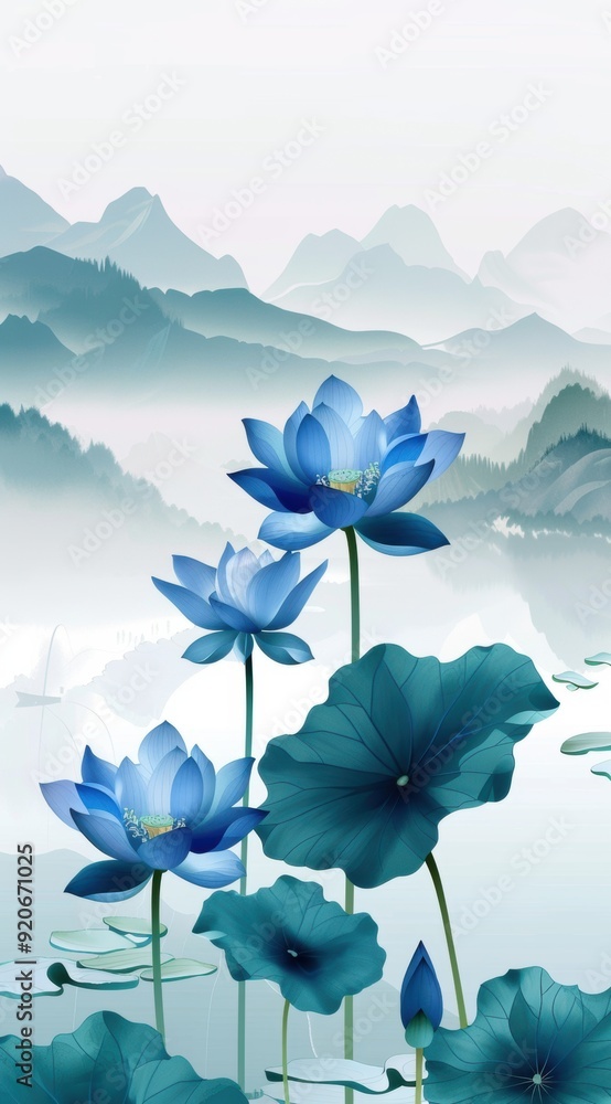 Blue lotus, three blue lotuses floating in the air, in the vector ...