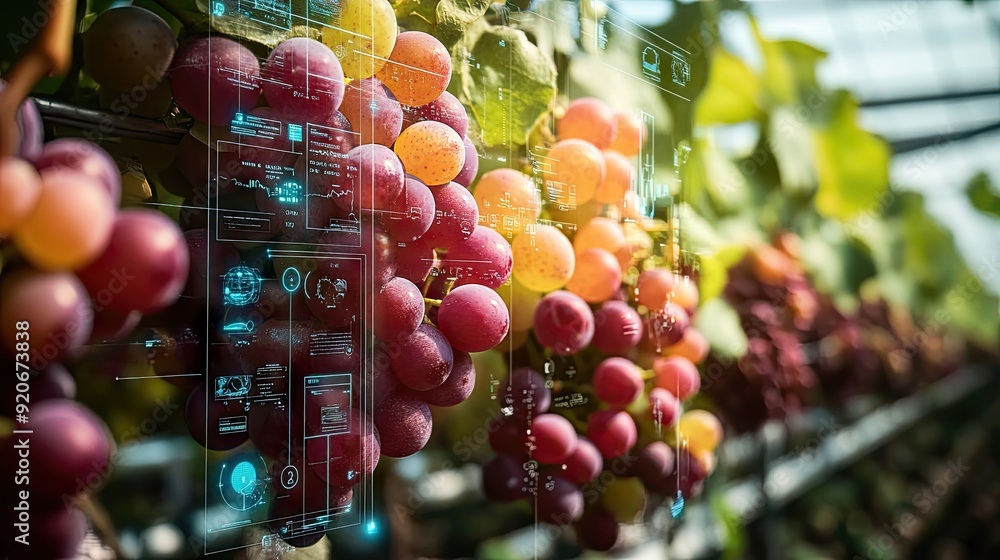 Grapes growing in a greenhouse, overlaid with digital infographics ...