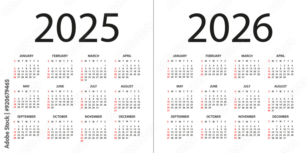 Calendar 2025, 2026 - illustration. Week starts on Sunday. Calendar Set ...