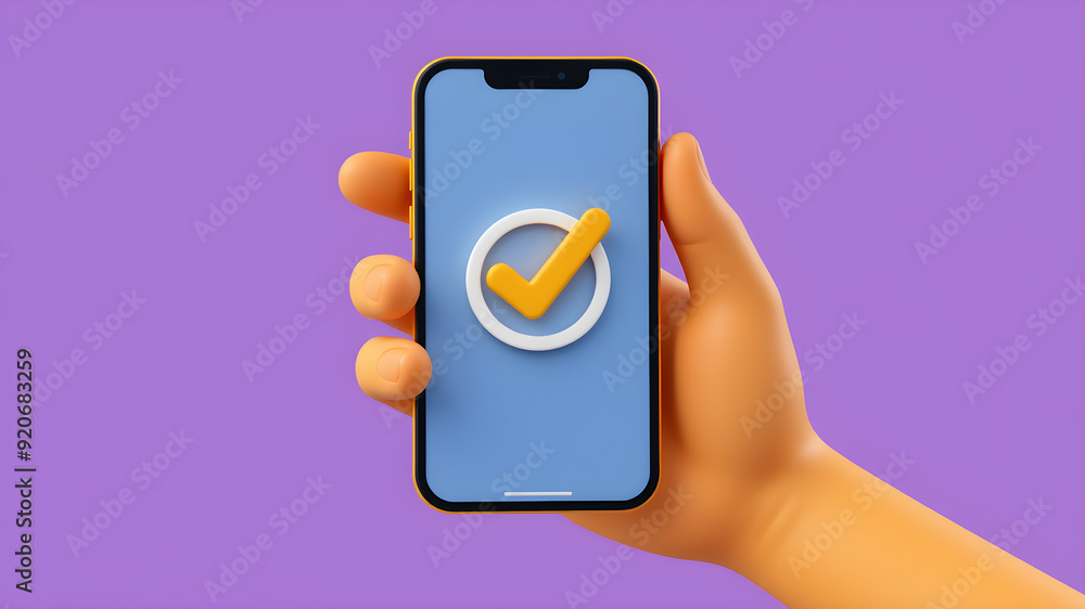 3D Hand holding mobile phone with Check mark. Tick on smartphone screen. Character finger ...