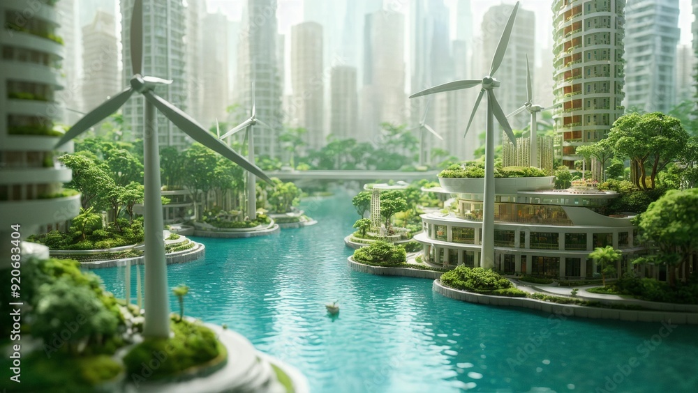 Model of Sustainable Eco-City with Wind Turbines and Waterways Stock ...