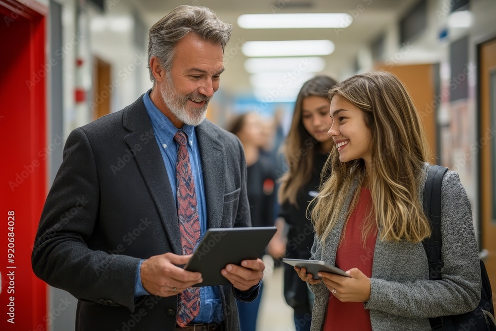 Male principal using touchpad with high school student and her mother ...