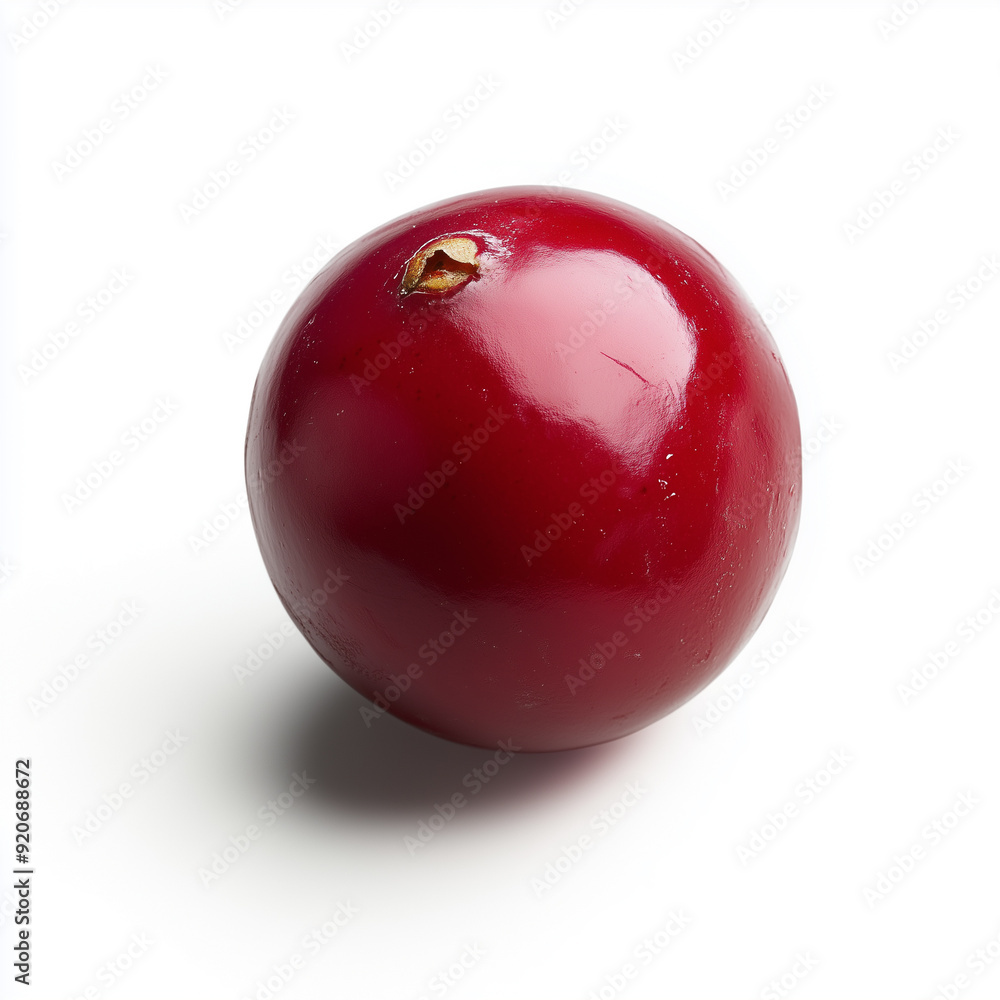 A single cranberry sits on a crisp white background, its rich red hue ...
