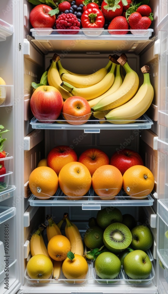 Open fridge filled with colorful summer fruits and vegetables: bananas ...