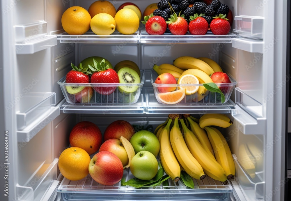 Open fridge filled with colorful summer fruits and vegetables: bananas ...