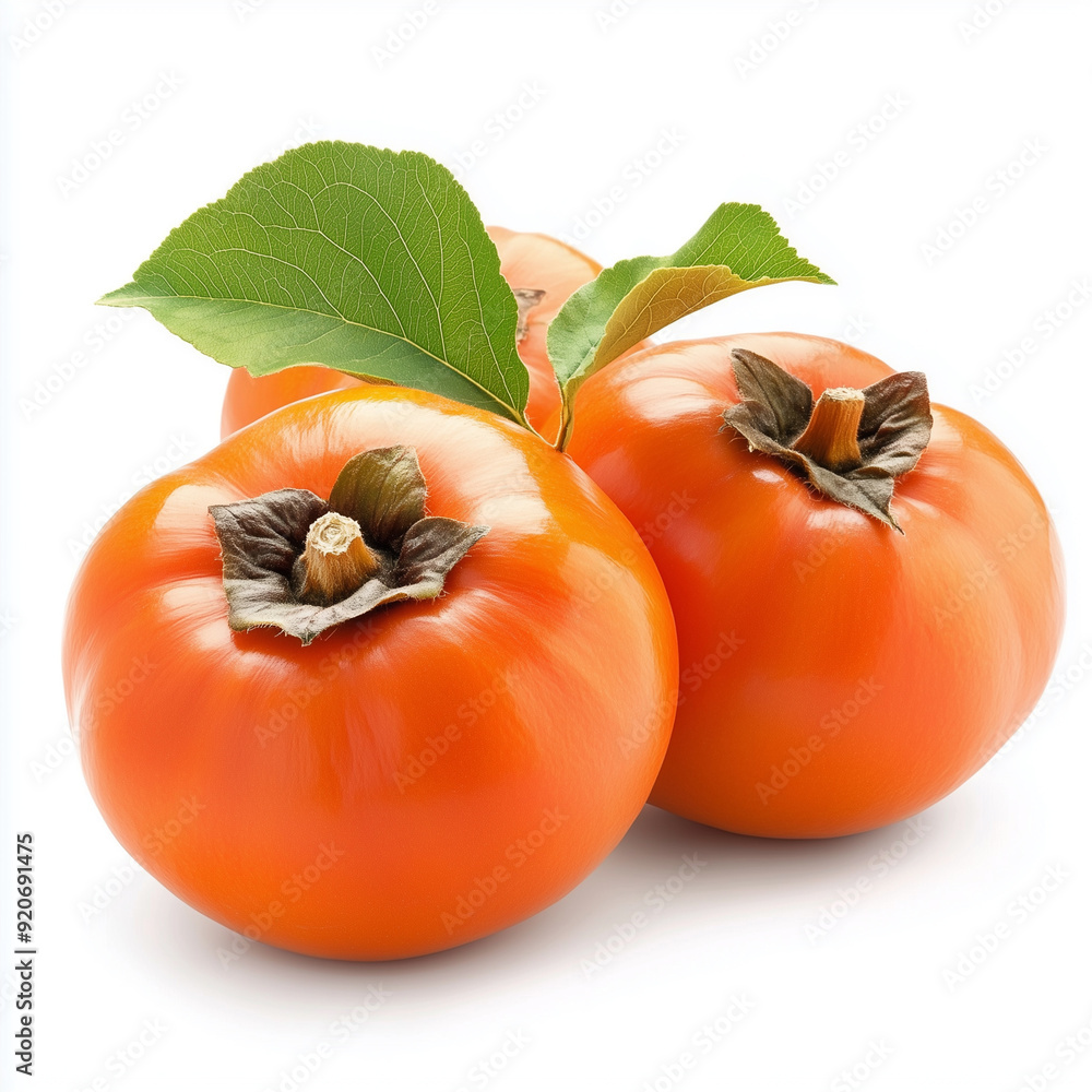 A persimmon sits on a stark white background, its rich orange color and ...