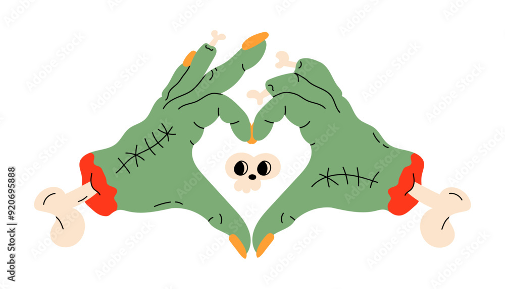 Zombie hands show heart gesture. Cute evil hands with torn off fingers ...