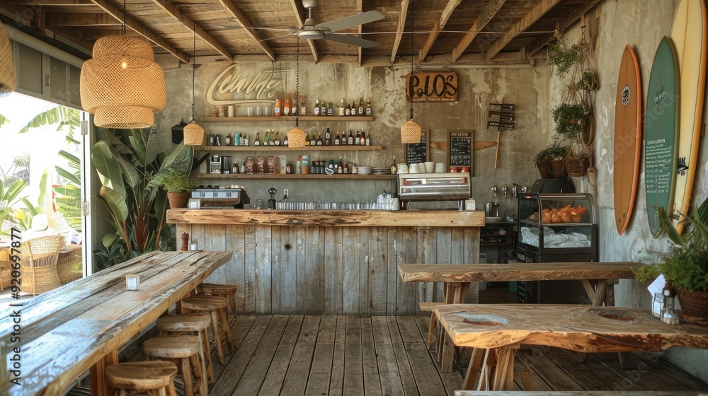 Rustic beach bar with wooden tables, chairs, and a bar counter ...