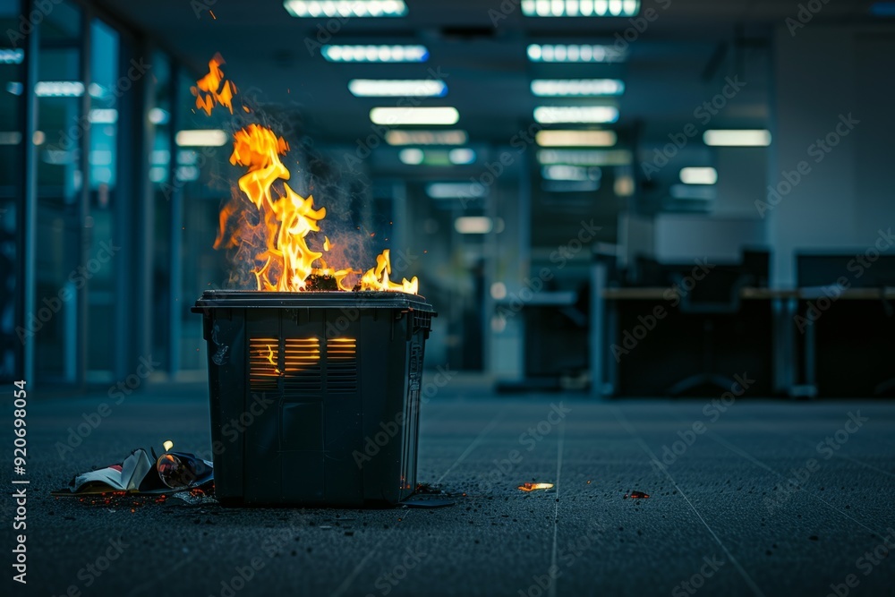 Trash bin on fire inside an empty office at night. Dramatic and intense ...