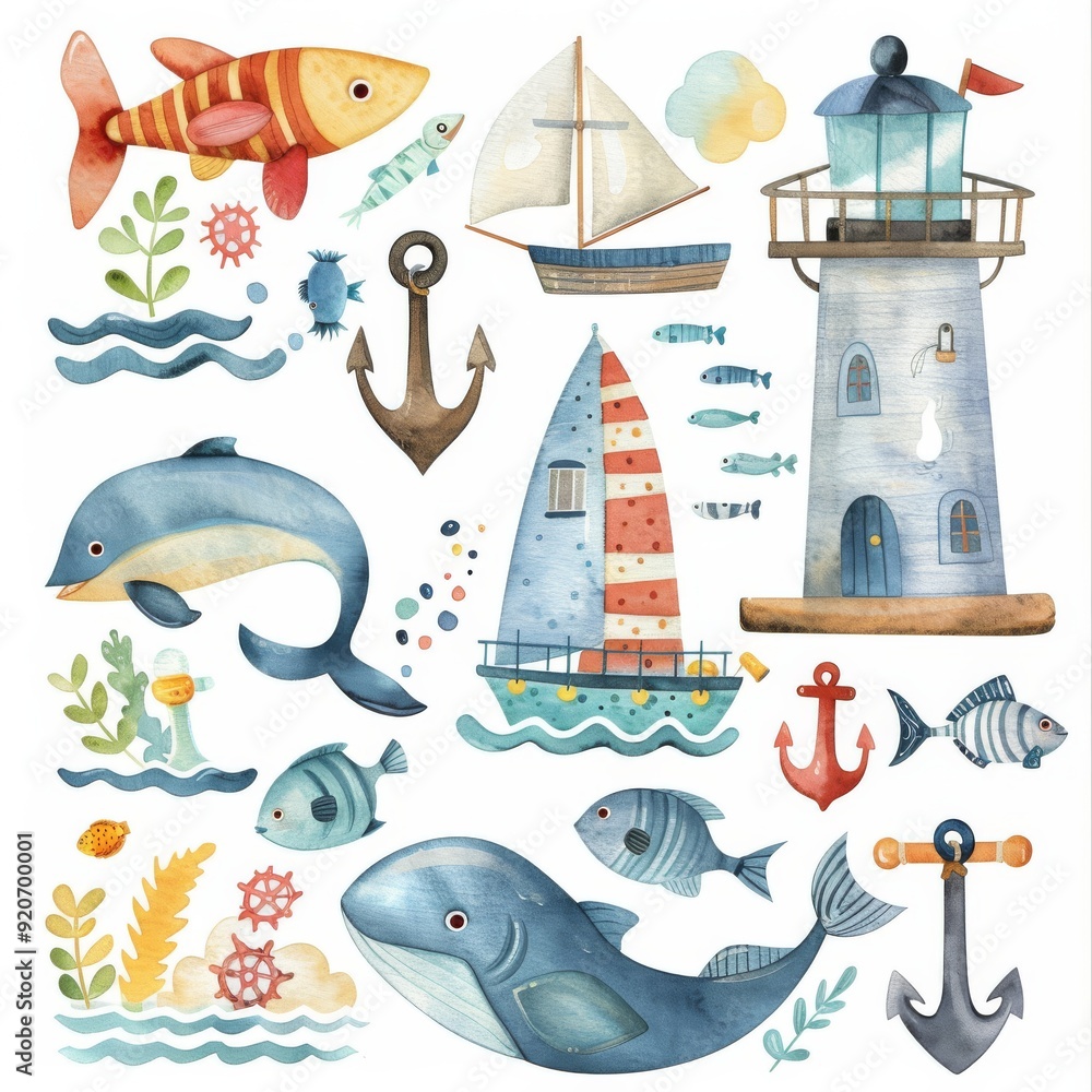 Clipart nautical set with ship, yacht, boat, lighthouse, helm ...