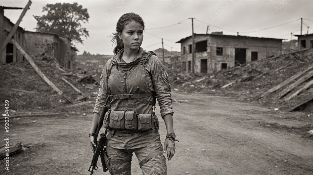 Generative AI, A powerful depiction of a female soldier navigating a ...