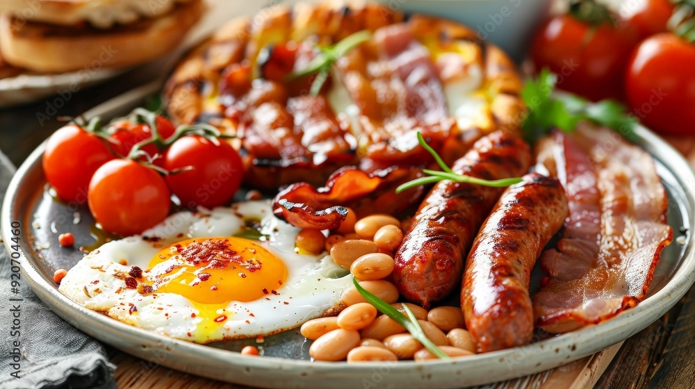 Sampling a traditional English breakfast, complete with eggs, sausage ...