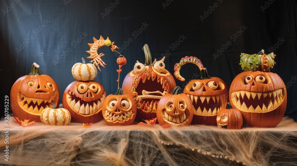Show a creative pumpkin carving contest, with participants proudly ...