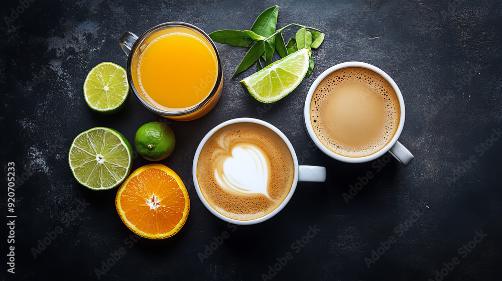 A presentation of drinks including a latte, Americano, orange juice ...