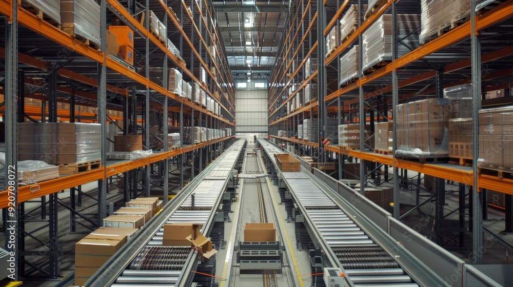 The interior of a high-capacity warehouse with automated sorting and ...