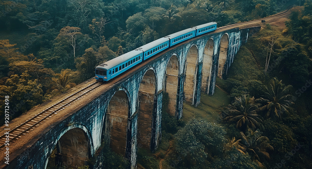 "Blue Train Crossing the Nine Arches Bridge in Sri Lanka, Captured from ...