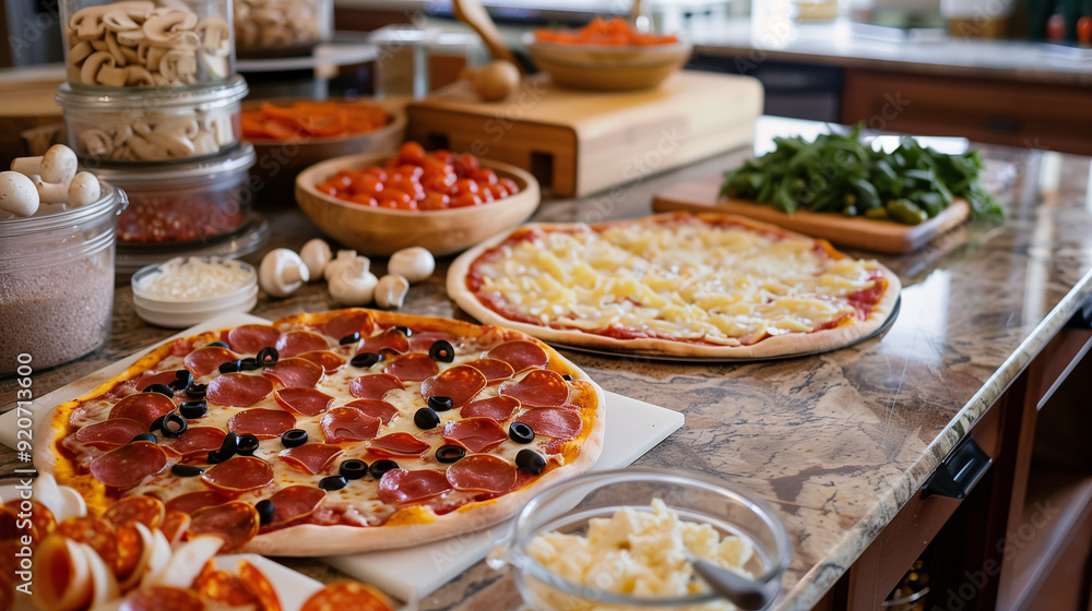 A make-your-own pizza station with various toppings like pepperoni ...