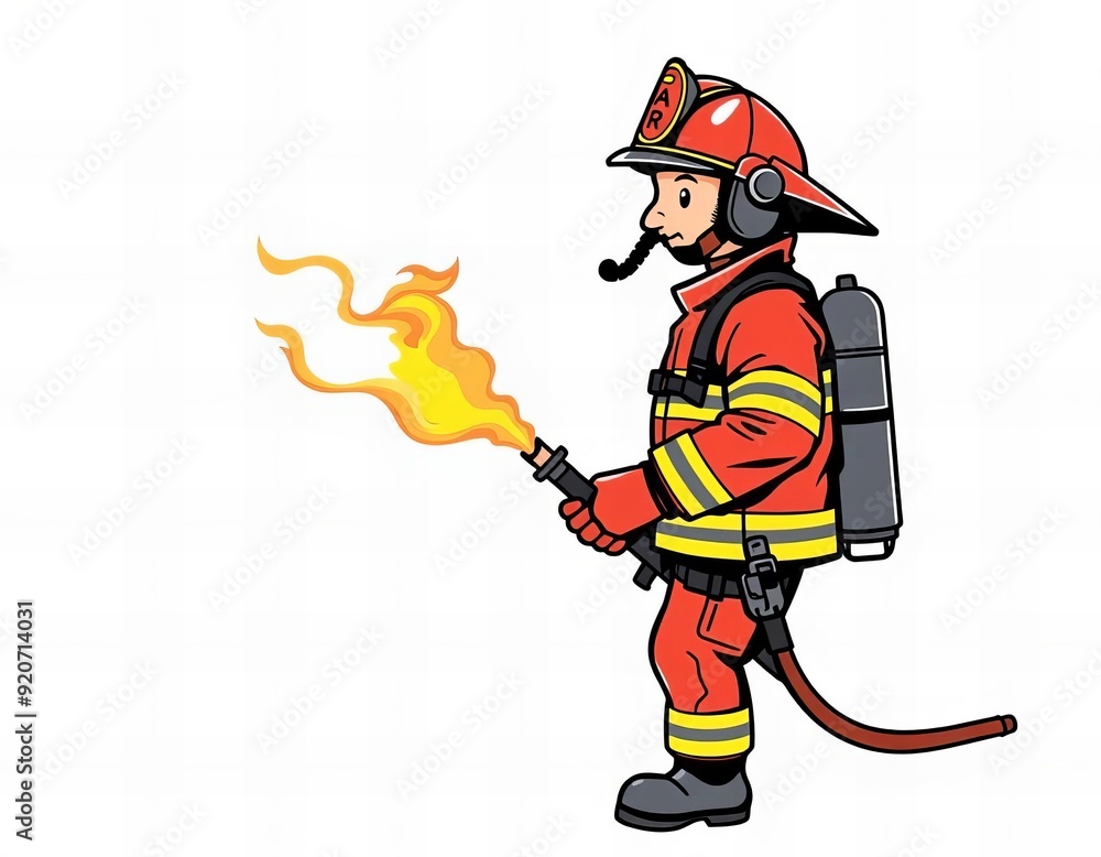 cartoon firefighter with a hose and a fire extinguisor. Stock ...