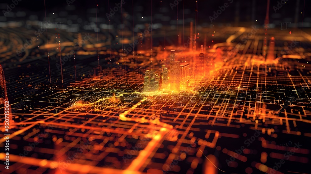 A dramatic visualization of peak load energy consumption, with a grid map highlighting areas of ...