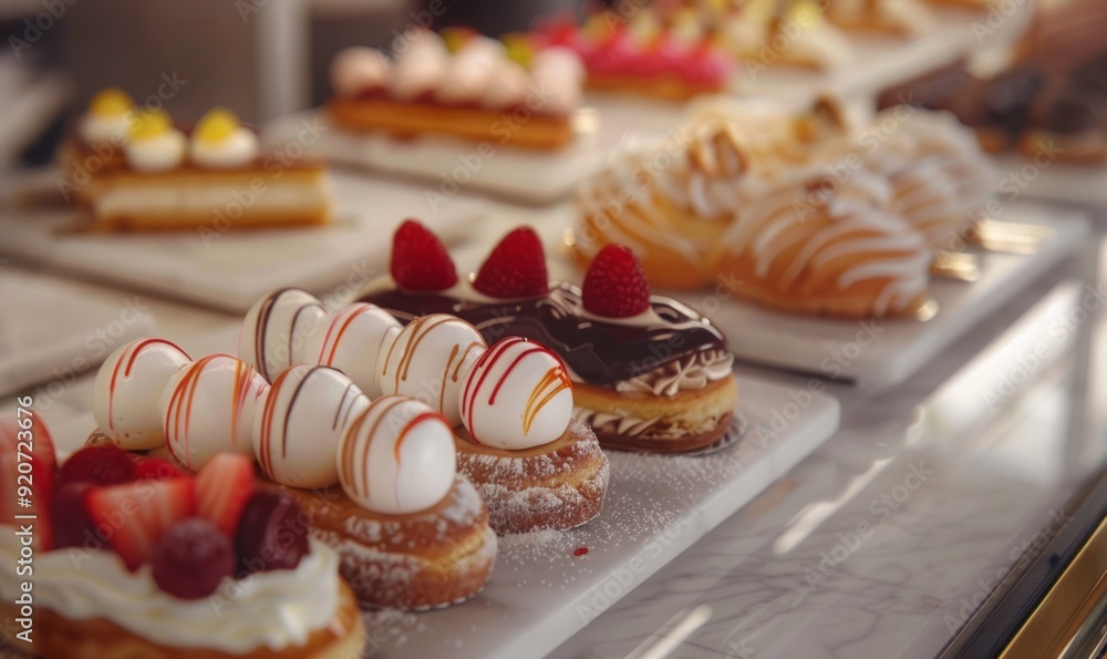 Exquisite pastry shop desserts like eclairs and tarts in a chic display ...
