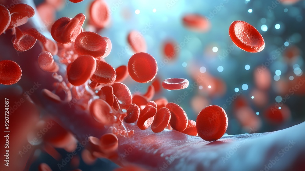 A detailed medical illustration of red blood cells moving through a ...