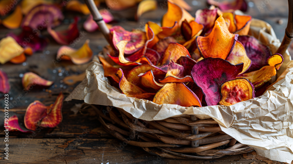 homemade vegetable chips, made from potato peels, carrot ends, and beet ...