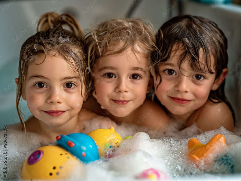 Three Young Children Are Playing In A Bathtub With Toys They Are