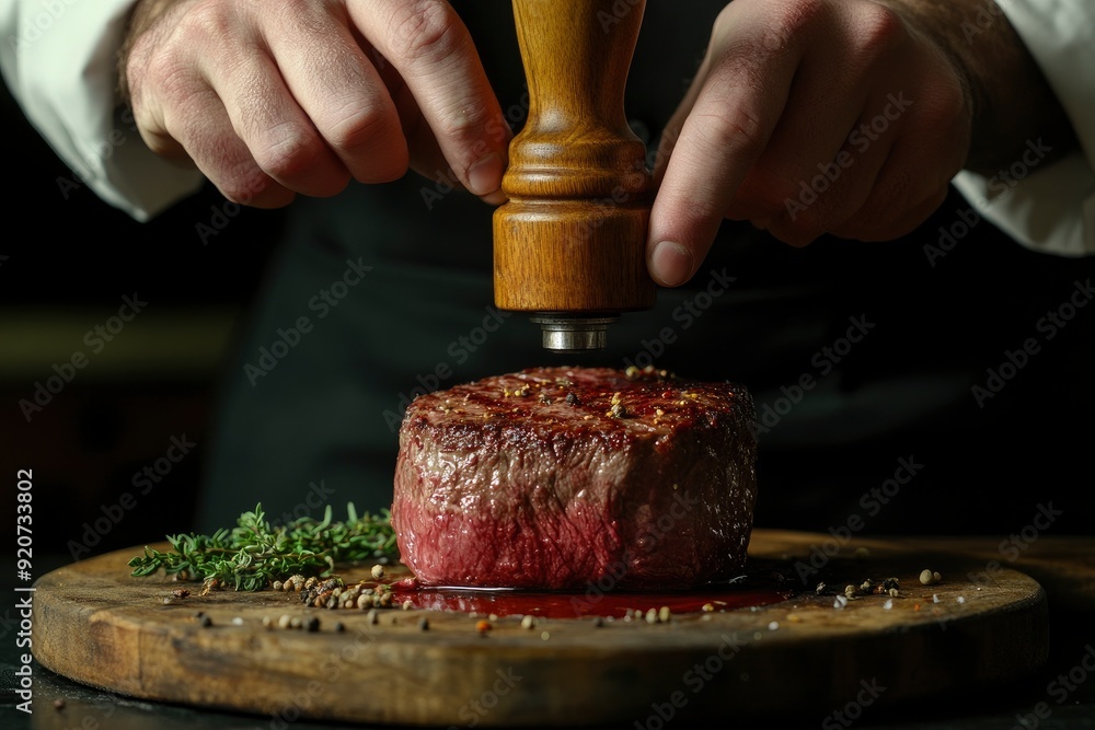 Cooking beef steak. A pepper mill in the hands of a chef preparing a ...