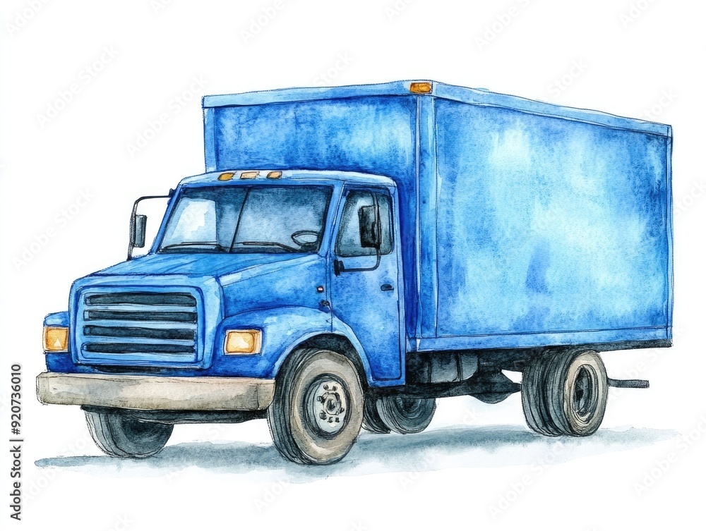 Cheerful and Happy Cartoon Watercolor of a Blue Delivery Truck Isolated ...