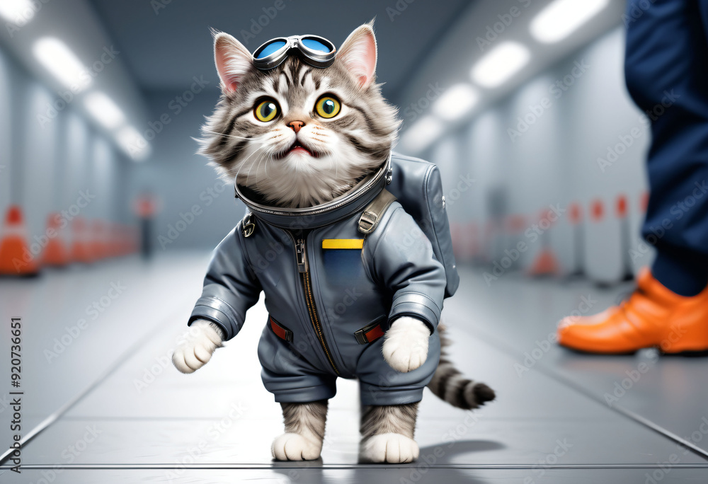 cute fluffy gray tabby cat pilot in a pilot suit, standing on his hind ...