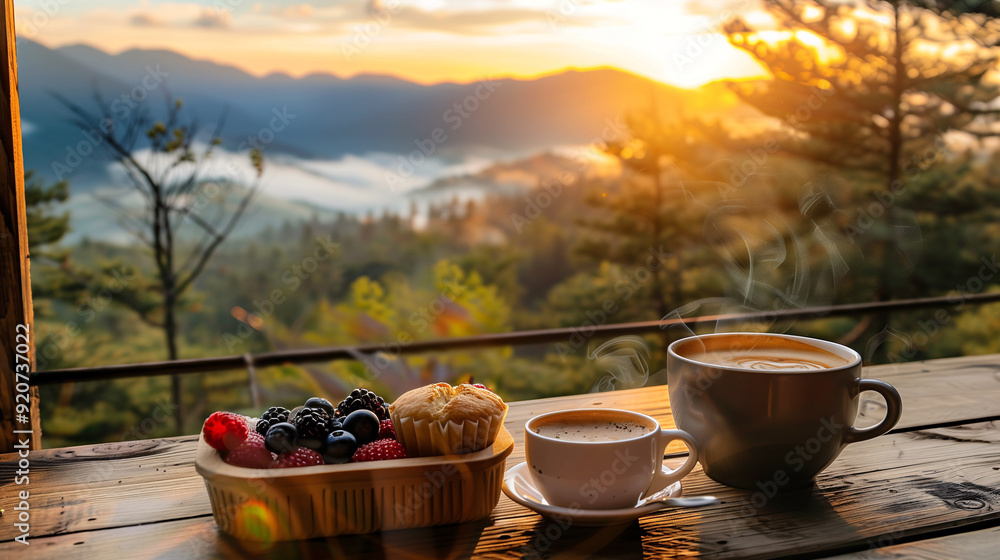 Mountain cabin breakfast with a view of the sunrise, featuring a ...