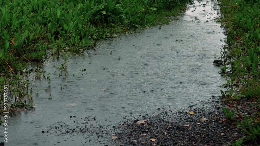 Close-up of water drops falling and splashing on the ground during rain ...