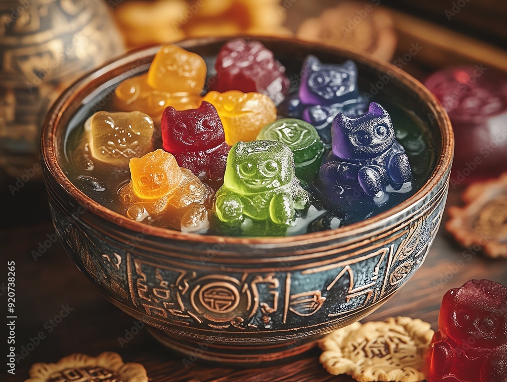 Fantasythemed pudding bowl with gummies shaped like mystical creatures ...