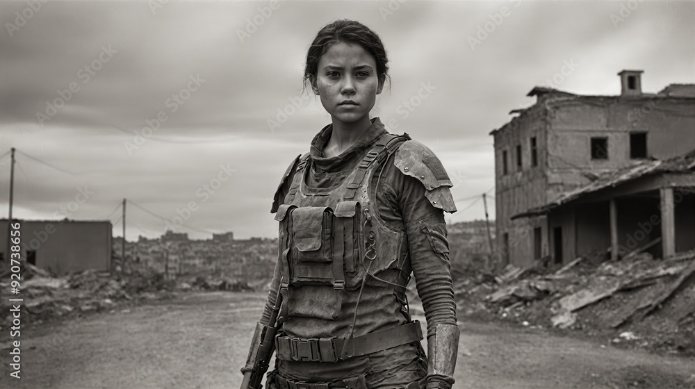 Generative AI, A powerful and gritty portrayal of a female soldier in a ...